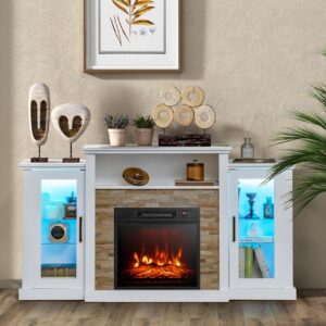 GOFLAME Fireplace TV Stand with LED Lights for TV up to 65”, Entertainment Center with 18” Electric Fireplace, Remote & APP Control, TV Console with Adjustable Glass Shelves (White)