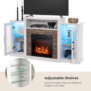 GOFLAME Fireplace TV Stand with LED Lights for TV up to 65”, Entertainment Center with 18” Electric Fireplace, Remote & APP Control, TV Console with Adjustable Glass Shelves (White)