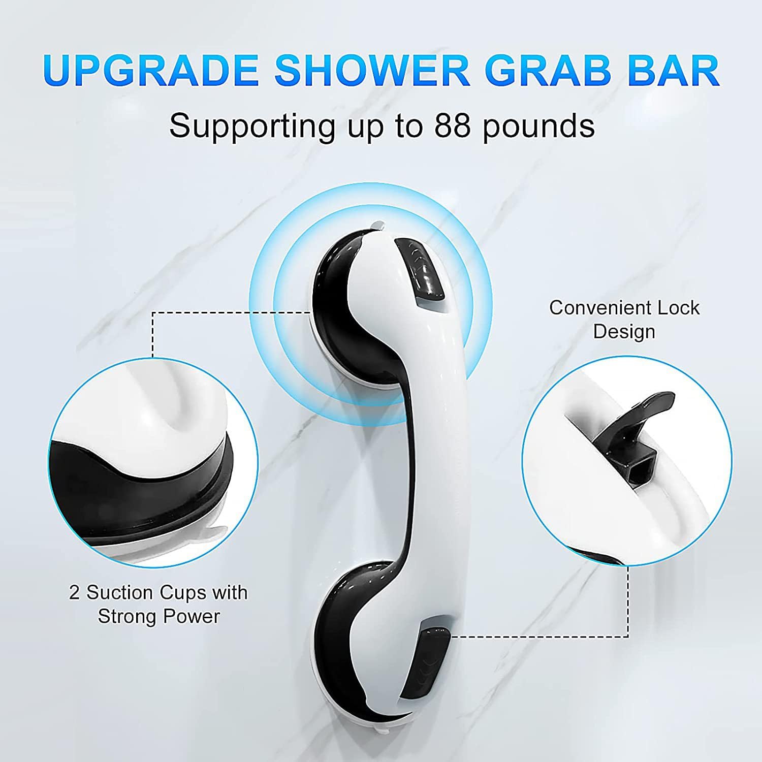 2-Pack Shower Handle - 12 inch Grab Bars for Bathroom Shower Handle, Strong Hold Suction Cup Handle, Bathroom Balance Bar Safety Hand Rail, Shower Grab Bars for Injury, Senior, Elderly