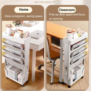 NBHH 5 Tier Book Rack Storage Bookshelf,Plastic Removable Rolling Utility Cart Multi-Functional Movable Storage Book Shelves with Wheels for Students Study Office Kitchen Classroom, White