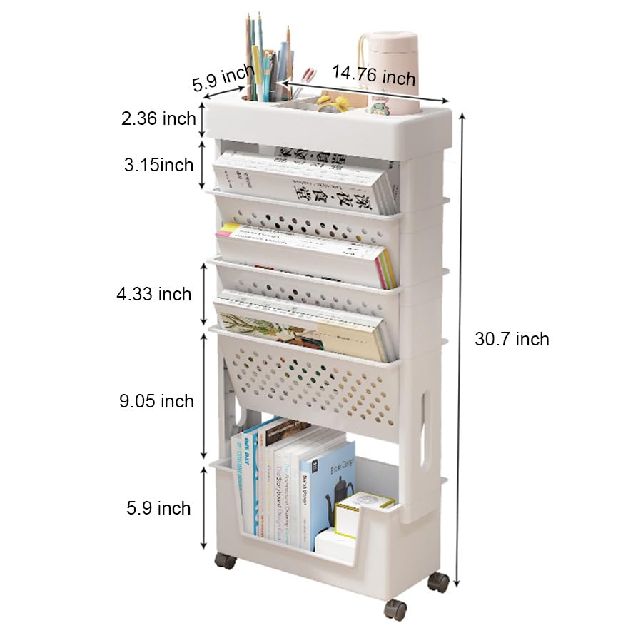 NBHH 5 Tier Book Rack Storage Bookshelf,Plastic Removable Rolling Utility Cart Multi-Functional Movable Storage Book Shelves with Wheels for Students Study Office Kitchen Classroom, White