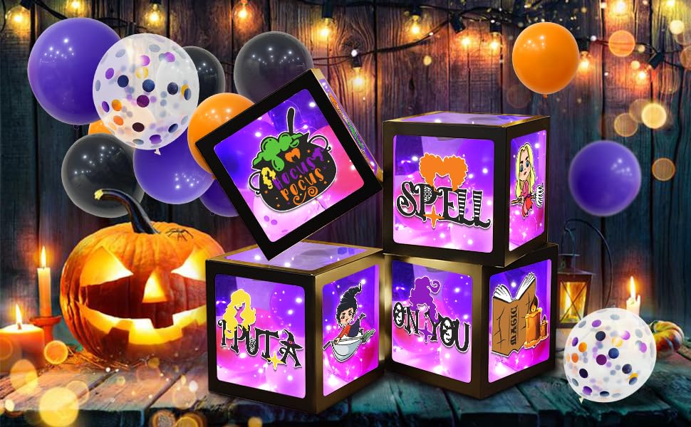 Hocus Pocus Party Decorations 4 Pieces Hocus Pocus Balloon Box with Purple LED Light Strings Hocus Pocus Decorations Hocus Pocus Party Supplies