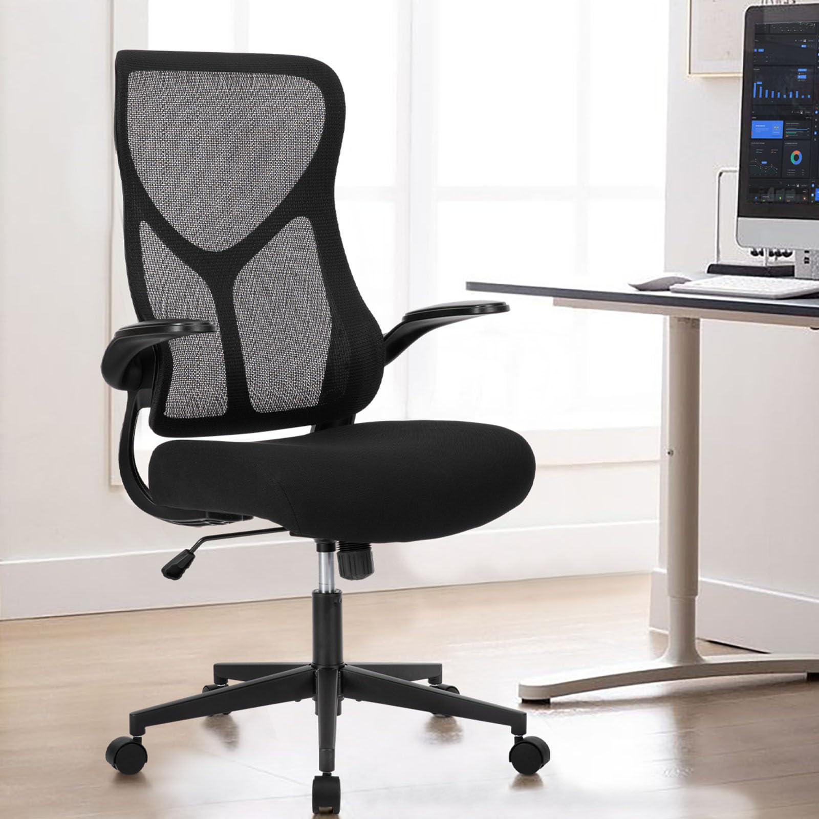 High Back Office Chair Flip up Arms, Ergonomic Mesh Chair Adjustable Height Desk Chair with Lumbar Support and Wheels Work Chair for Home Office, Black