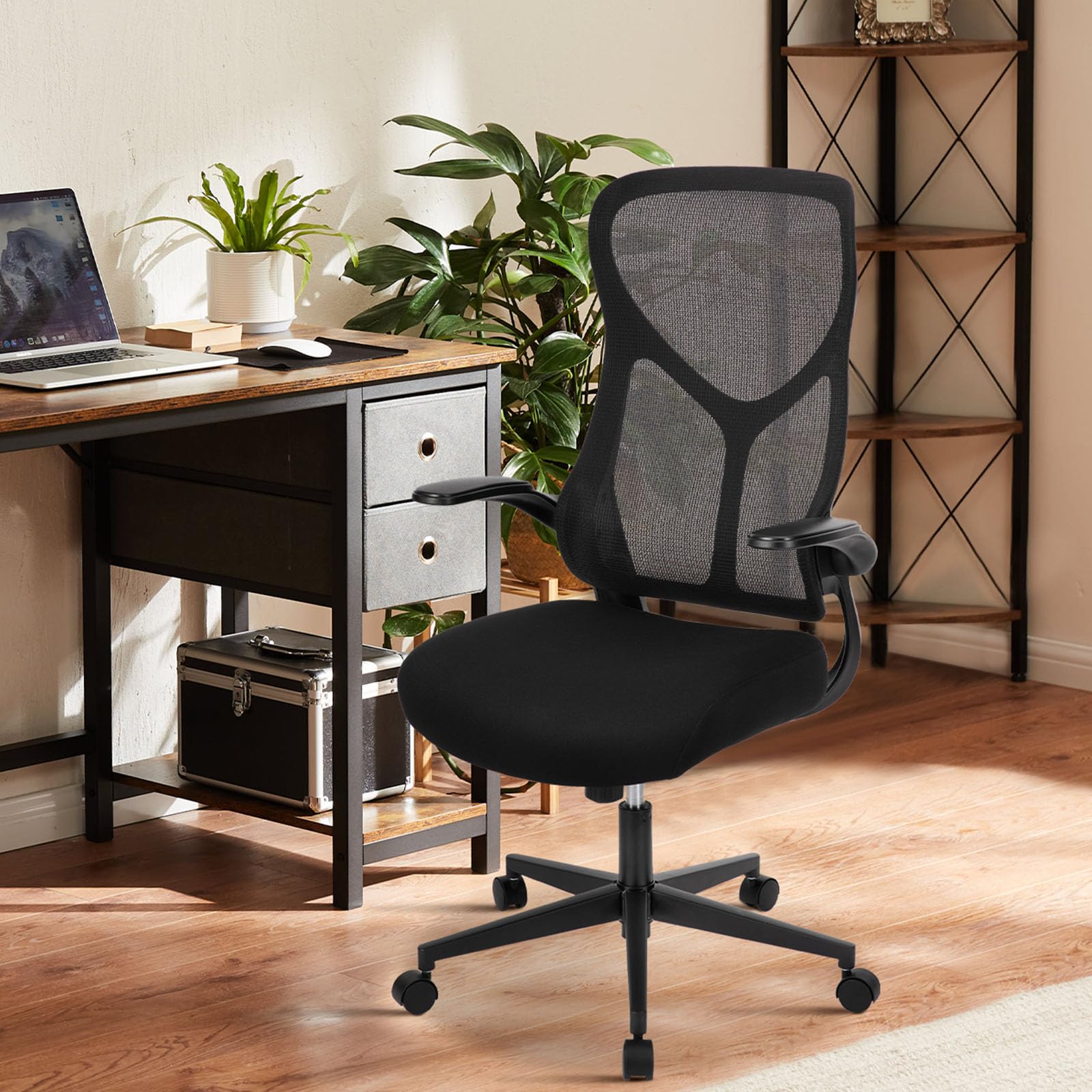 High Back Office Chair Flip up Arms, Ergonomic Mesh Chair Adjustable Height Desk Chair with Lumbar Support and Wheels Work Chair for Home Office, Black