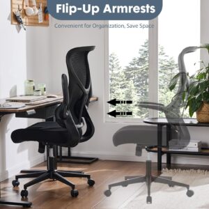 High Back Office Chair Flip up Arms, Ergonomic Mesh Chair Adjustable Height Desk Chair with Lumbar Support and Wheels Work Chair for Home Office, Black