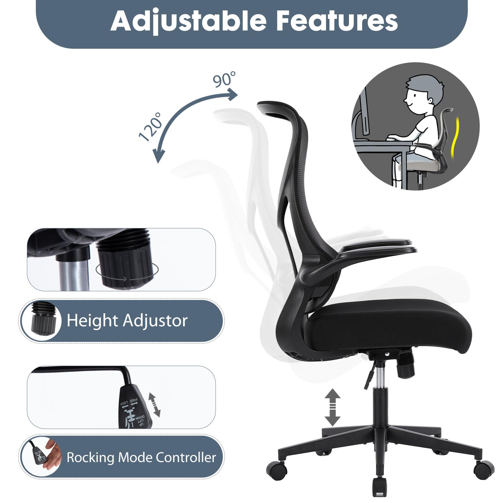 High Back Office Chair Flip up Arms, Ergonomic Mesh Chair Adjustable Height Desk Chair with Lumbar Support and Wheels Work Chair for Home Office, Black