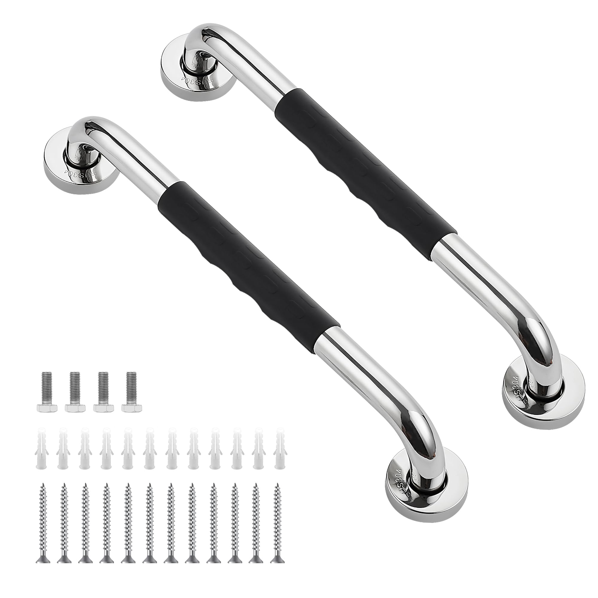 Grab Bars for Shower，2 Pack 16 Inch Anti-Slip Shower Handle with Rubber Grip, Silver Safety Shower Bar, Stainless Steel Handicap Grab Bars for Elderly for Wall (1" Diameter)