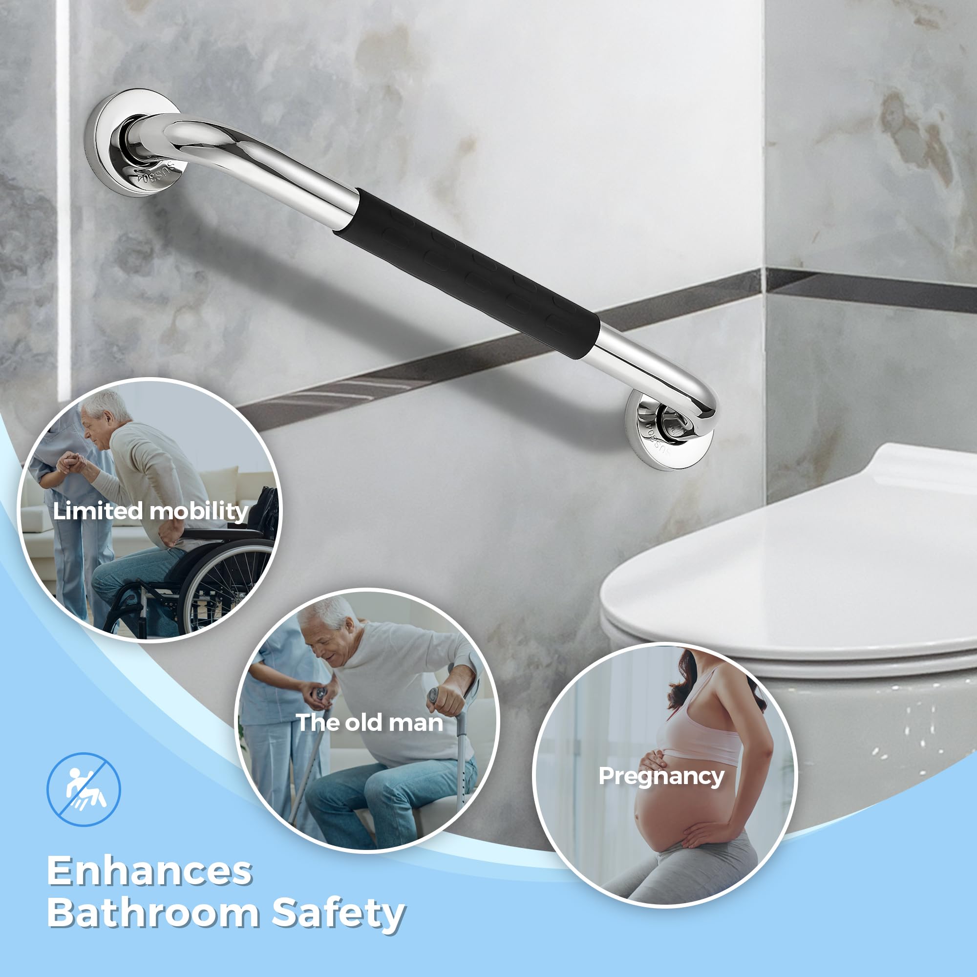 Grab Bars for Shower，2 Pack 16 Inch Anti-Slip Shower Handle with Rubber Grip, Silver Safety Shower Bar, Stainless Steel Handicap Grab Bars for Elderly for Wall (1" Diameter)