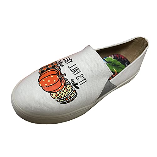 Women's Fashion Halloween Pumpkin Print Canvas Low Top Sneakers,Halloween Decorations Platform Slip on Flats Loafers Shoes for Women Casual Breathable Comfortable Walking Canvas Sneakers Shoes