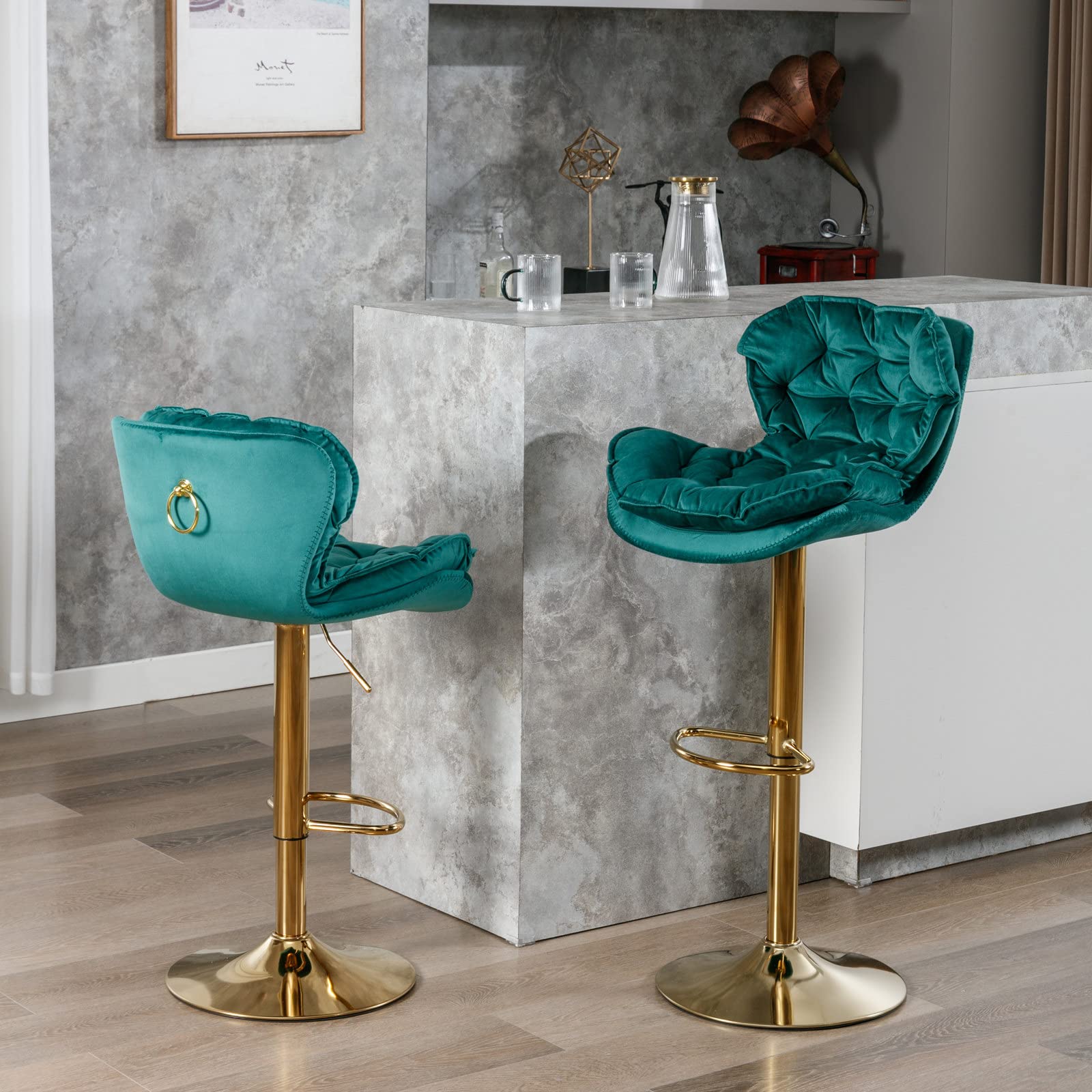 Set of 2 Swivel Bar Stools, Velvet Counter Height Adjustable Bar Chairs, Upholstered Modern for Kitchen Island Dining Room, Cafe, Counter, Green