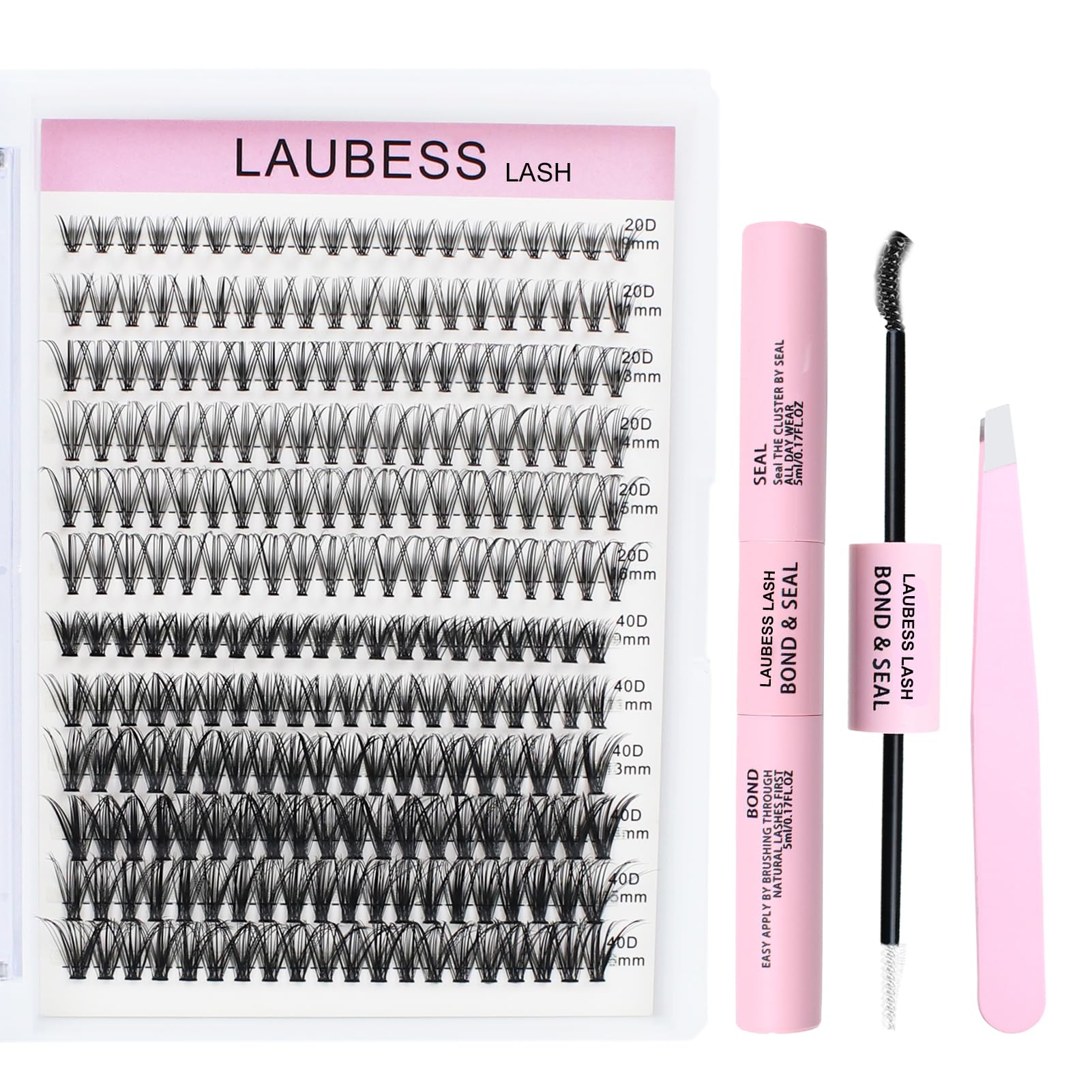 Lash Extension Kit 20D+40D Lash Clusters Kit Lash Bond and Seal Waterproof Individual Lashes Kit DIY Lash Extension Kit Lash Tweezers Eyelash Extension Kit (Set 20D+40D-0.07D-9-16Mix)