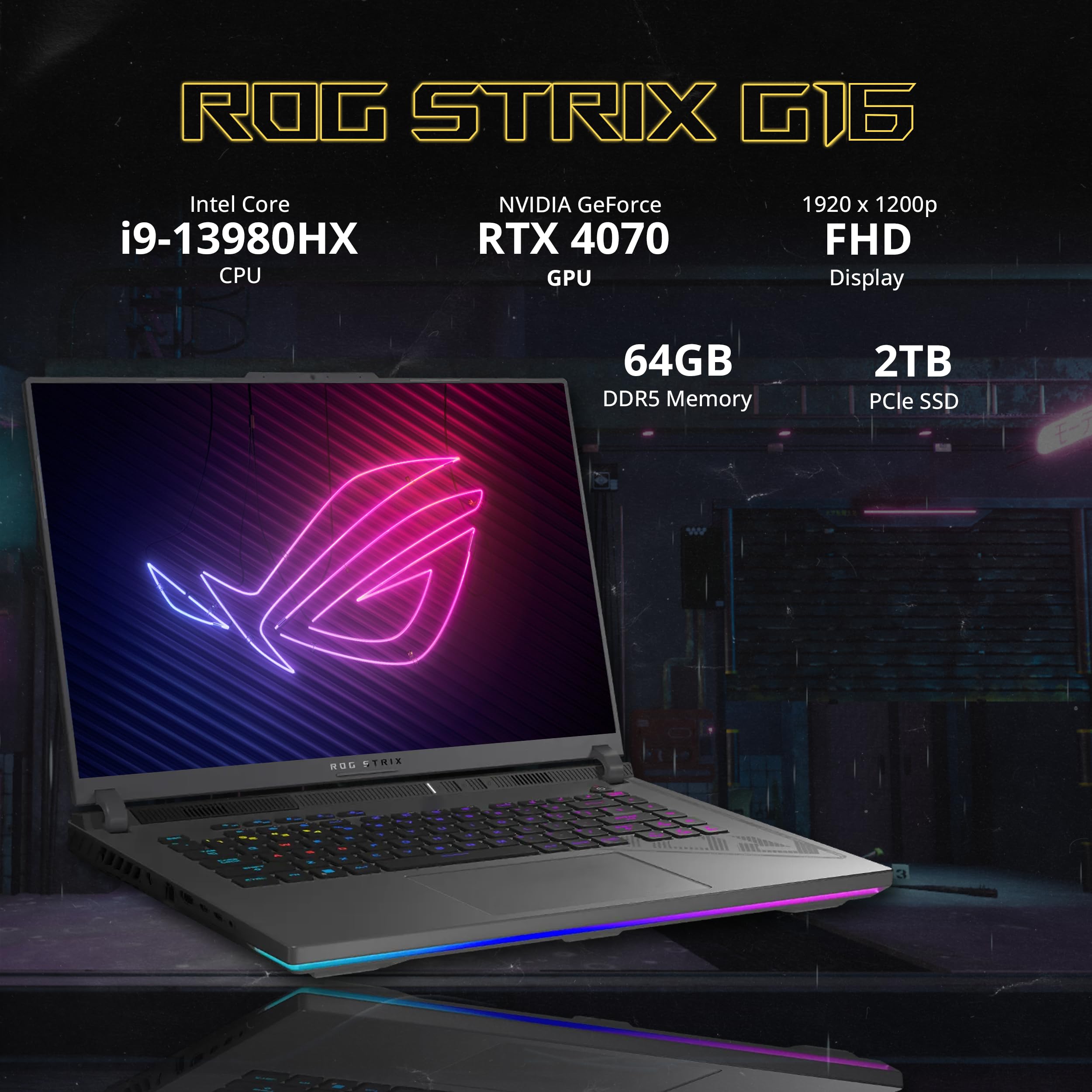 ASUS ROG Strix G16 16" FHD 165Hz Gaming Laptop, Intel Core i9-13980HX, GeForce RTX 4070, 64GB DDR5, 2TB SSD, RGB Keyboard, WiFi 6E, Gray, Win 11 Pro, 128GB Hotface Extension Set