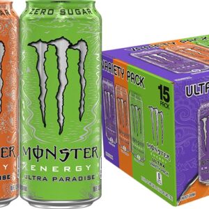 Monster Energy Ultra Variety Pack, Ultra Violet, Ultra Sunrise, Ultra Paradise, Sugar Free Energy Drink, 16 Ounce (Pack of 15)