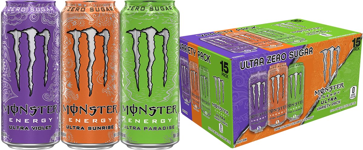 Monster Energy Ultra Variety Pack, Ultra Violet, Ultra Sunrise, Ultra Paradise, Sugar Free Energy Drink, 16 Ounce (Pack of 15)