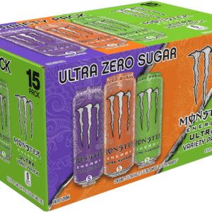 Monster Energy Ultra Variety Pack, Ultra Violet, Ultra Sunrise, Ultra Paradise, Sugar Free Energy Drink, 16 Ounce (Pack of 15)