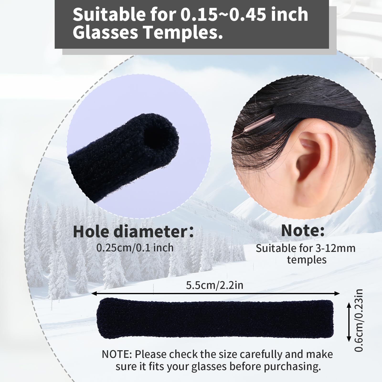 GCXIXPY Anti-Slip Elastic Comfort Glasses Ear Cushion, Black Soft Knitting Cotton Fabric Eyeglass Ear Cushions, Glasses Grips for behind the Ear for Sunglasses Reading Glasses Eyewear (2 Packs)