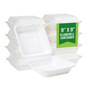 urth pak 9 inch” biodegradable take-out food containers - pack of 100 - compostable to-go boxes with built-in hinged lid - sustainable material, to go boxes for food, clamshell food containers, 9x9