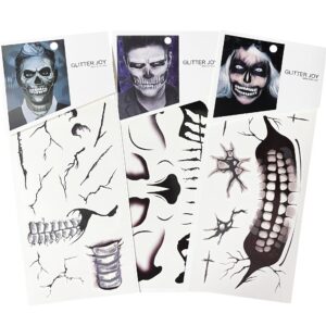 Fake Zombie Face Tattoos,Dia De Los Muertos Day of the Dead Face Tattoos Halloween Prank Makeup Temporary Tattoo For Women Men,3-Sheet