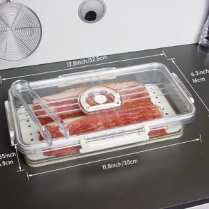 Bacon Storage Container with Air-sealed Tight Lid for Fridge Bacon Holder Deli Meat Cheese Keeper with Food Serving Tongs and Drain Plate for Refrigerator