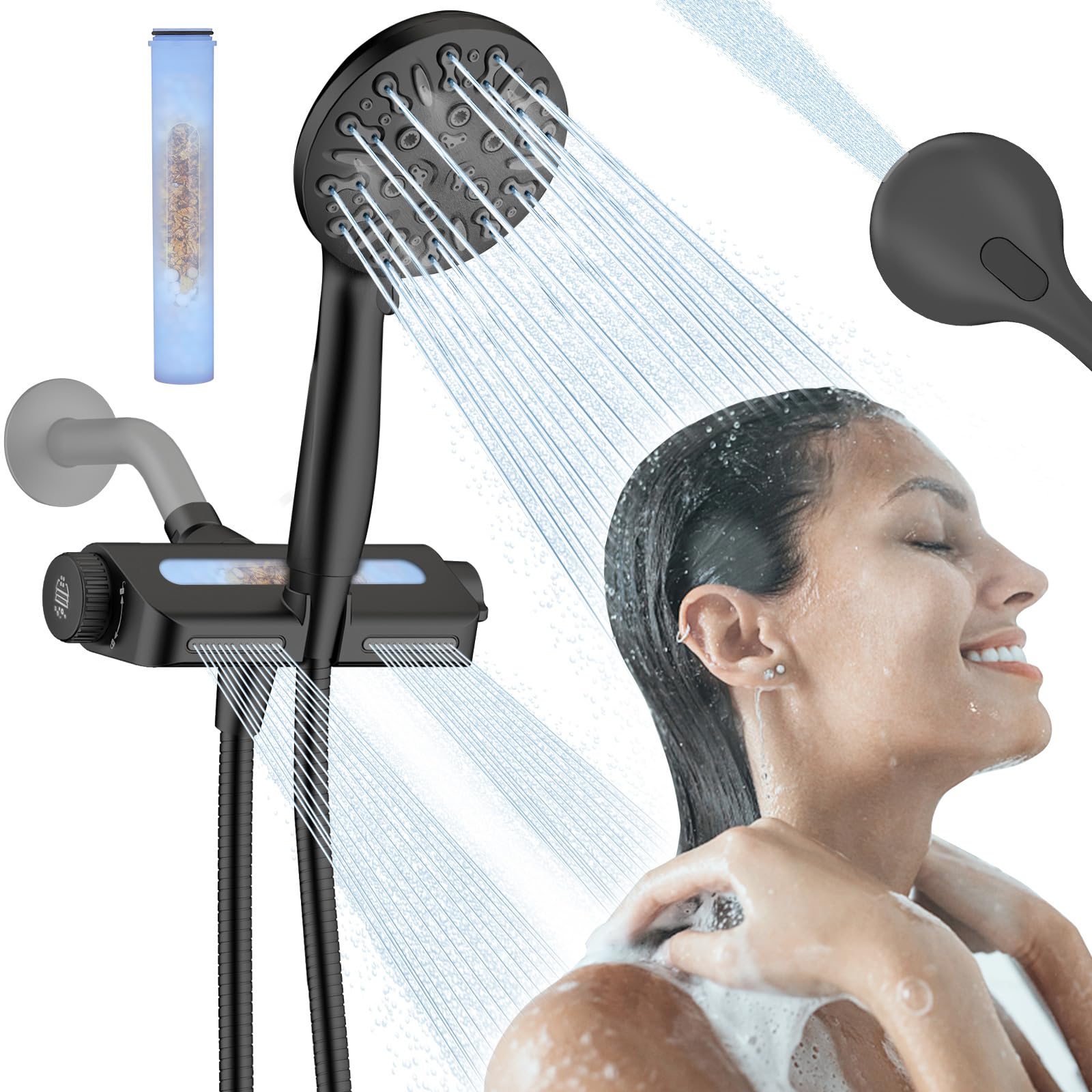 JONKEAN Filtered Shower Head with Handheld Spray Combo, Dual 2 in 1 Spa Shower Heads with Filter for Hard Water, Multi-Functional High Pressure Filtering Shower with Extra Long Hose (Matte Black)