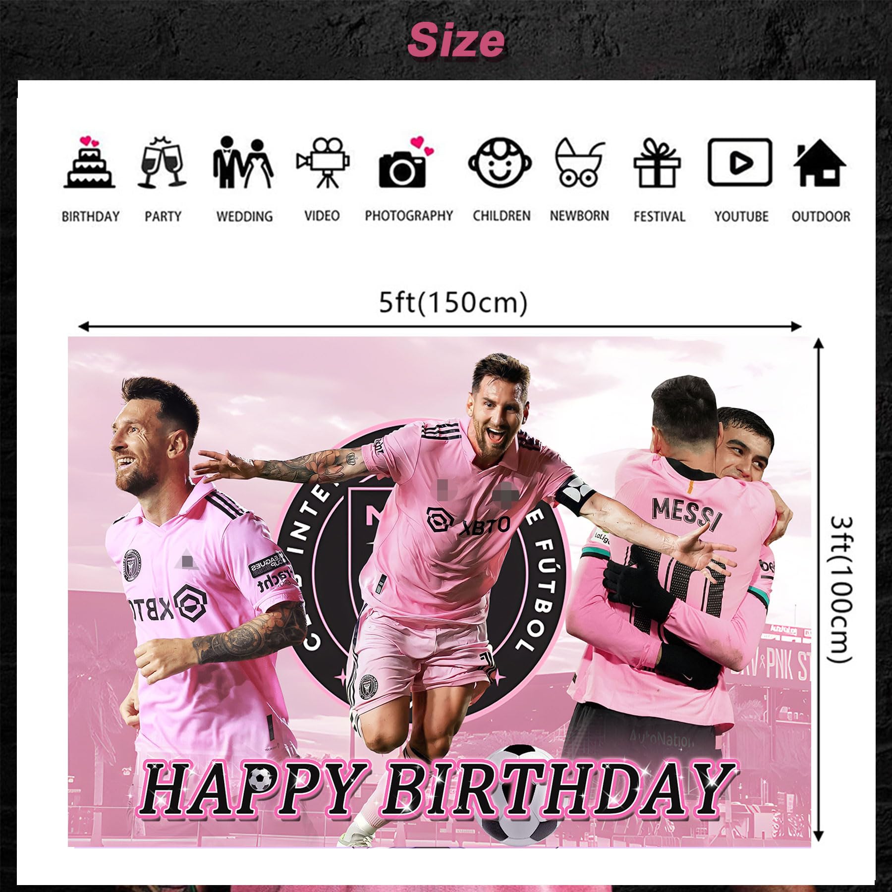 Kozrlib Soccer Star Theme Birthday Party Decorations 31Pcs Pink Miaami Football Party Supplies Including Banner Cake Topper Cupcake Toppers Balloons Background