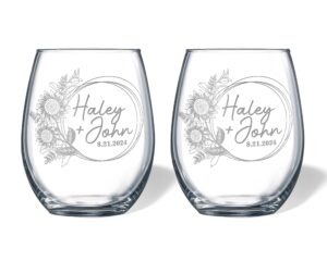 alterd industries personalized wedding set - sunflower wine glasses, engraved wedding glasses, personalized wedding gift, anniversary gift, flowers, couples gift, bride (21oz stemless wine glasses)