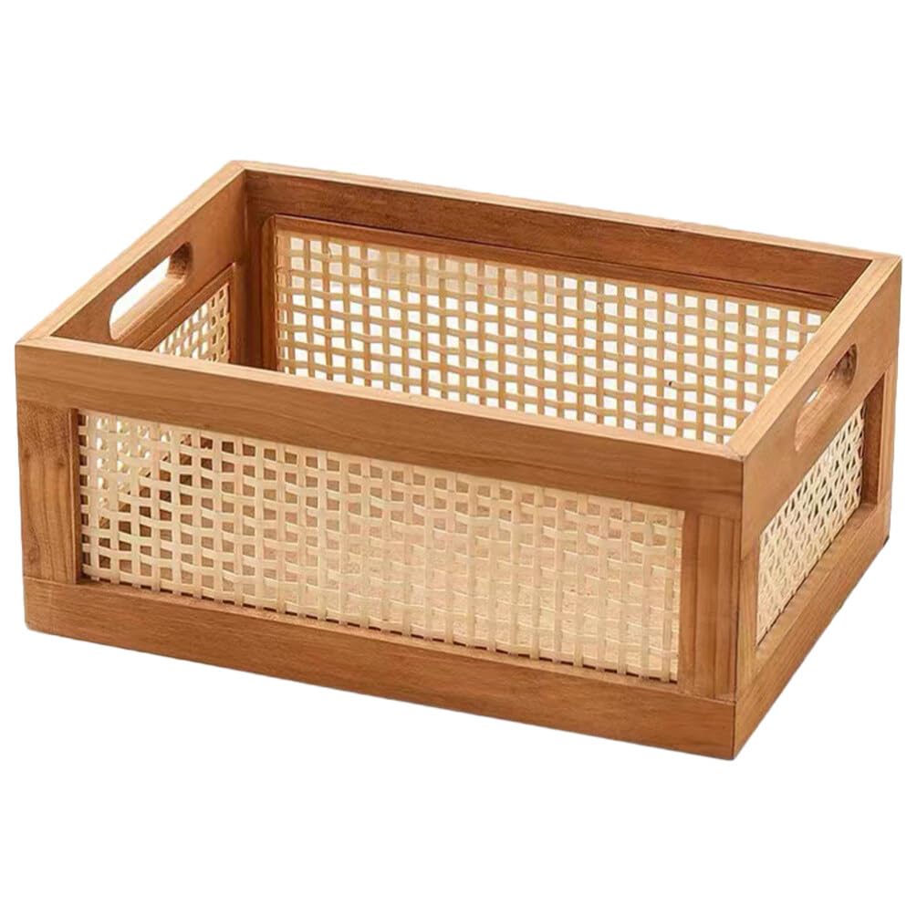 Cabilock Handmade Bamboo Rattan Storage Basket Home Office Tabletop Shelf Organizer Woven Storage Bin with Wooden Frame & Handles