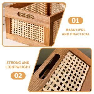 Cabilock Handmade Bamboo Rattan Storage Basket Home Office Tabletop Shelf Organizer Woven Storage Bin with Wooden Frame & Handles