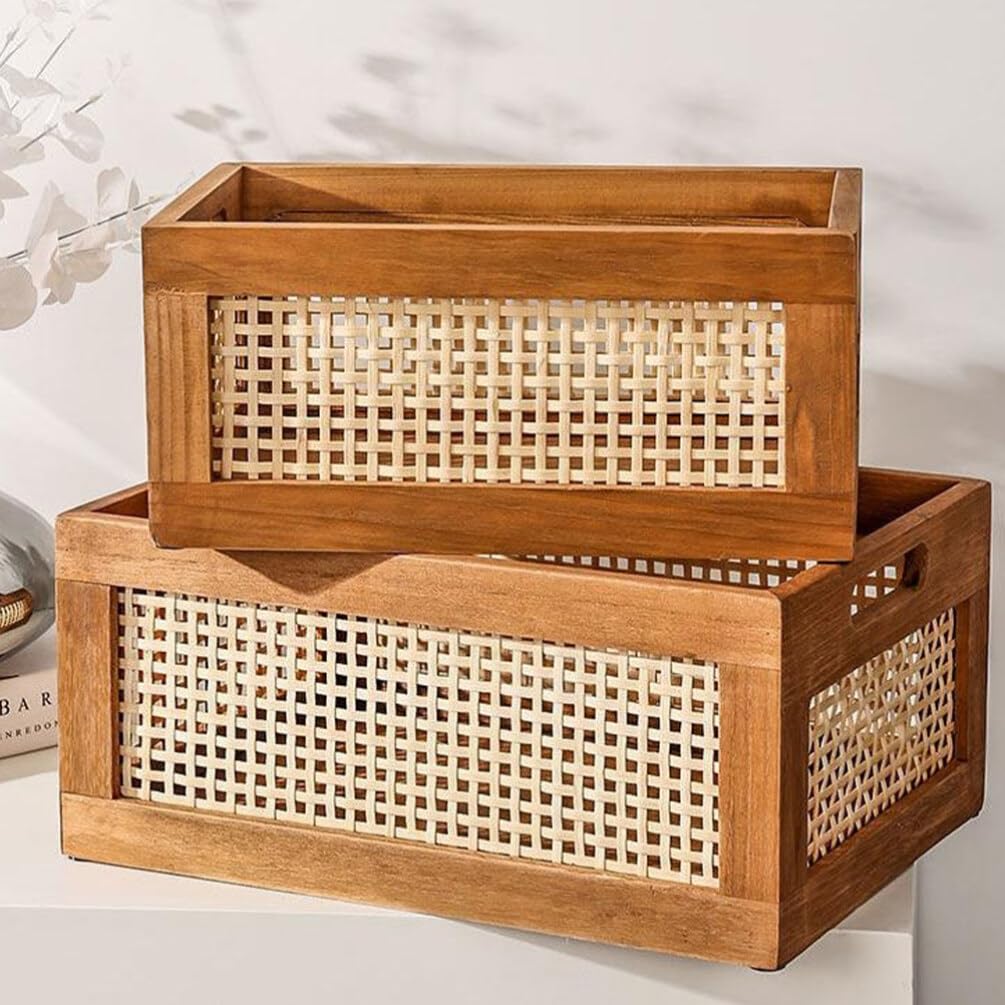 Cabilock Handmade Bamboo Rattan Storage Basket Home Office Tabletop Shelf Organizer Woven Storage Bin with Wooden Frame & Handles