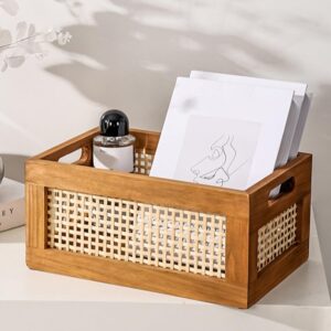 Cabilock Handmade Bamboo Rattan Storage Basket Home Office Tabletop Shelf Organizer Woven Storage Bin with Wooden Frame & Handles