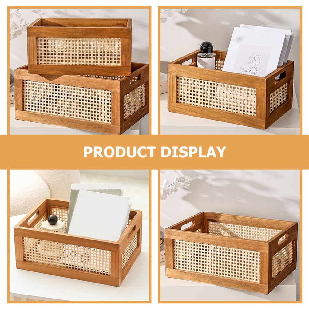 Cabilock Handmade Bamboo Rattan Storage Basket Home Office Tabletop Shelf Organizer Woven Storage Bin with Wooden Frame & Handles