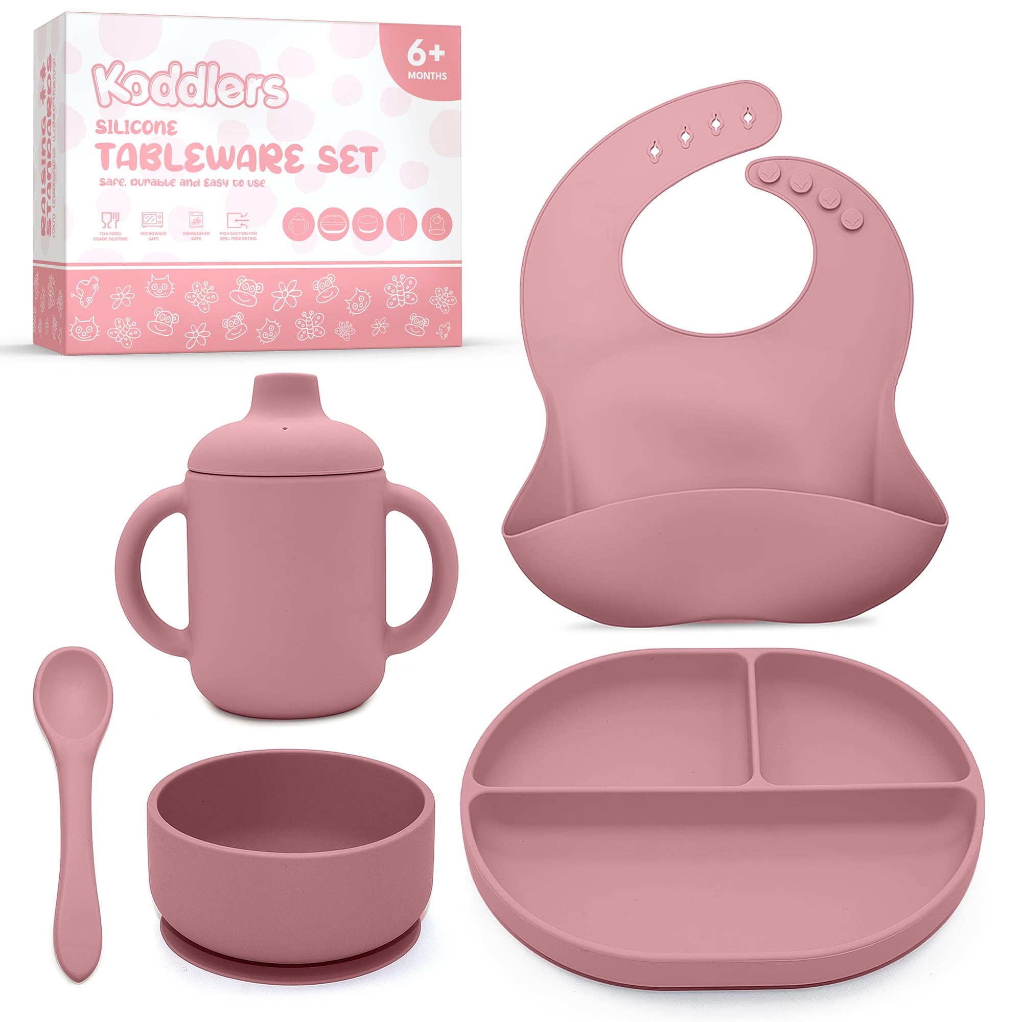 Koddlers Silicone Baby Feeding Set - Baby Led Weaning Supplies - Baby Suction Plate and Bowl Set - Baby Self Feeding Spoons Forks Sippy Cup and Bib - Baby Eating Utensils for 6+ Months (Pink)