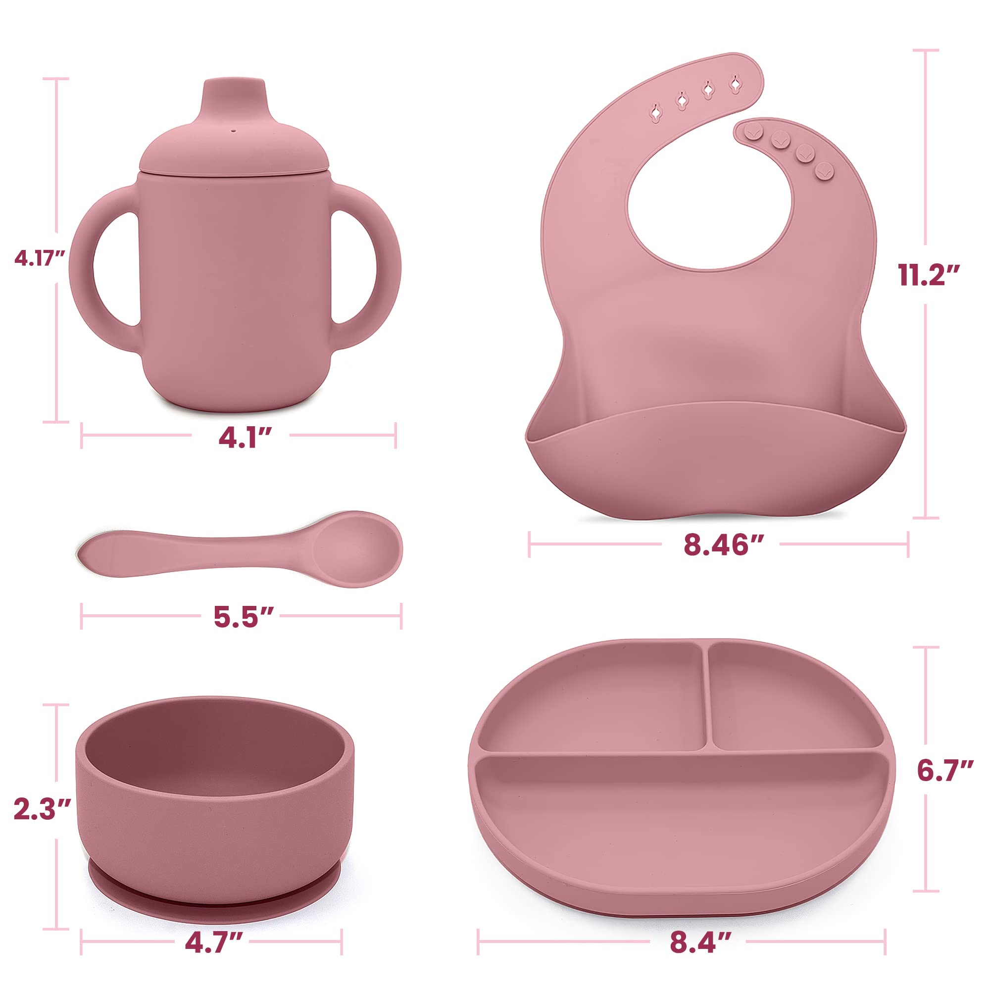 Koddlers Silicone Baby Feeding Set - Baby Led Weaning Supplies - Baby Suction Plate and Bowl Set - Baby Self Feeding Spoons Forks Sippy Cup and Bib - Baby Eating Utensils for 6+ Months (Pink)