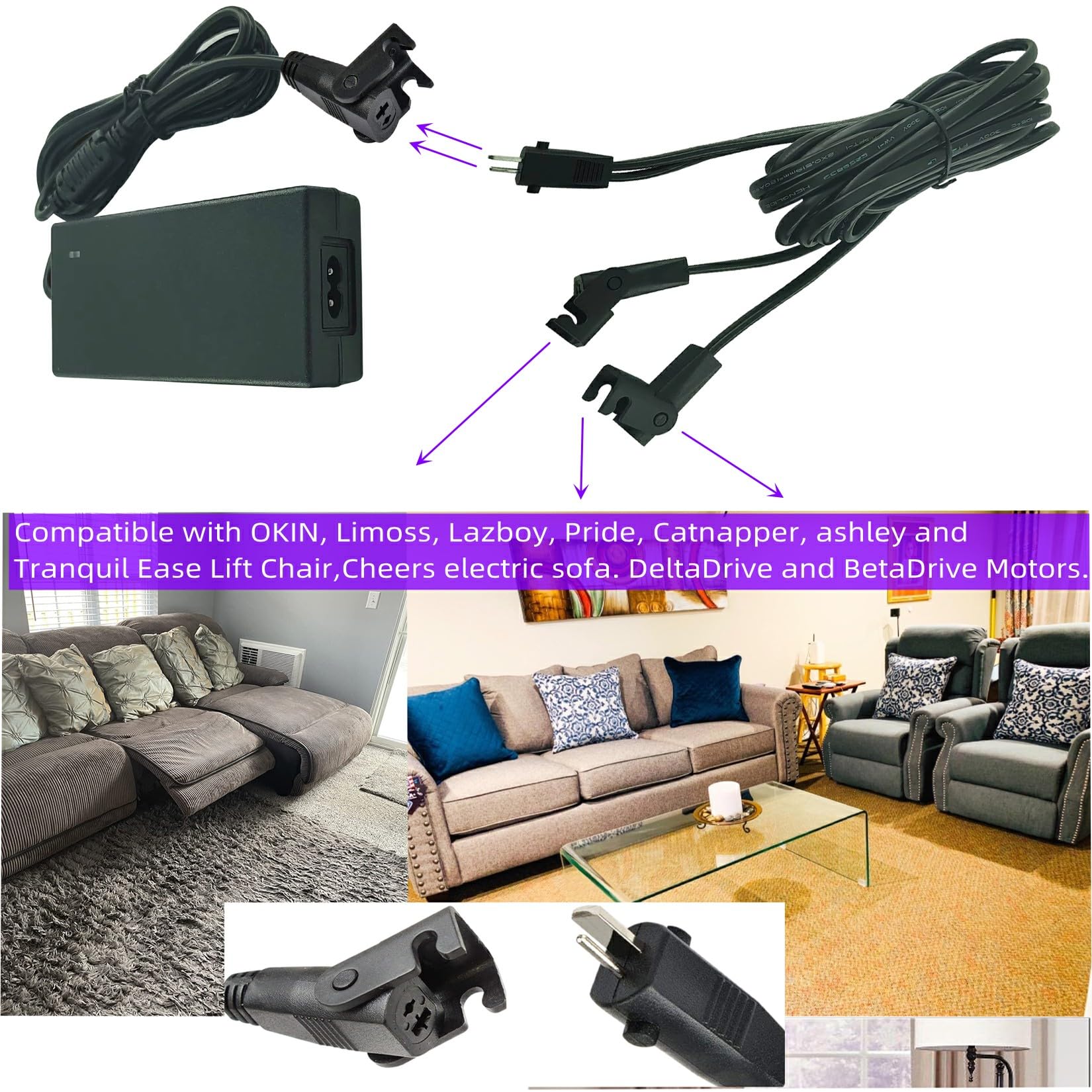 Fesasn Recliner Power Cord Replacement - 2 Pin Splitter Lead Y Cable for Lift Chair or Power Recliner Cord - Powers 2 Recliner Motors,for Okin Limoss Lazboy Pride Catnapper Recliner