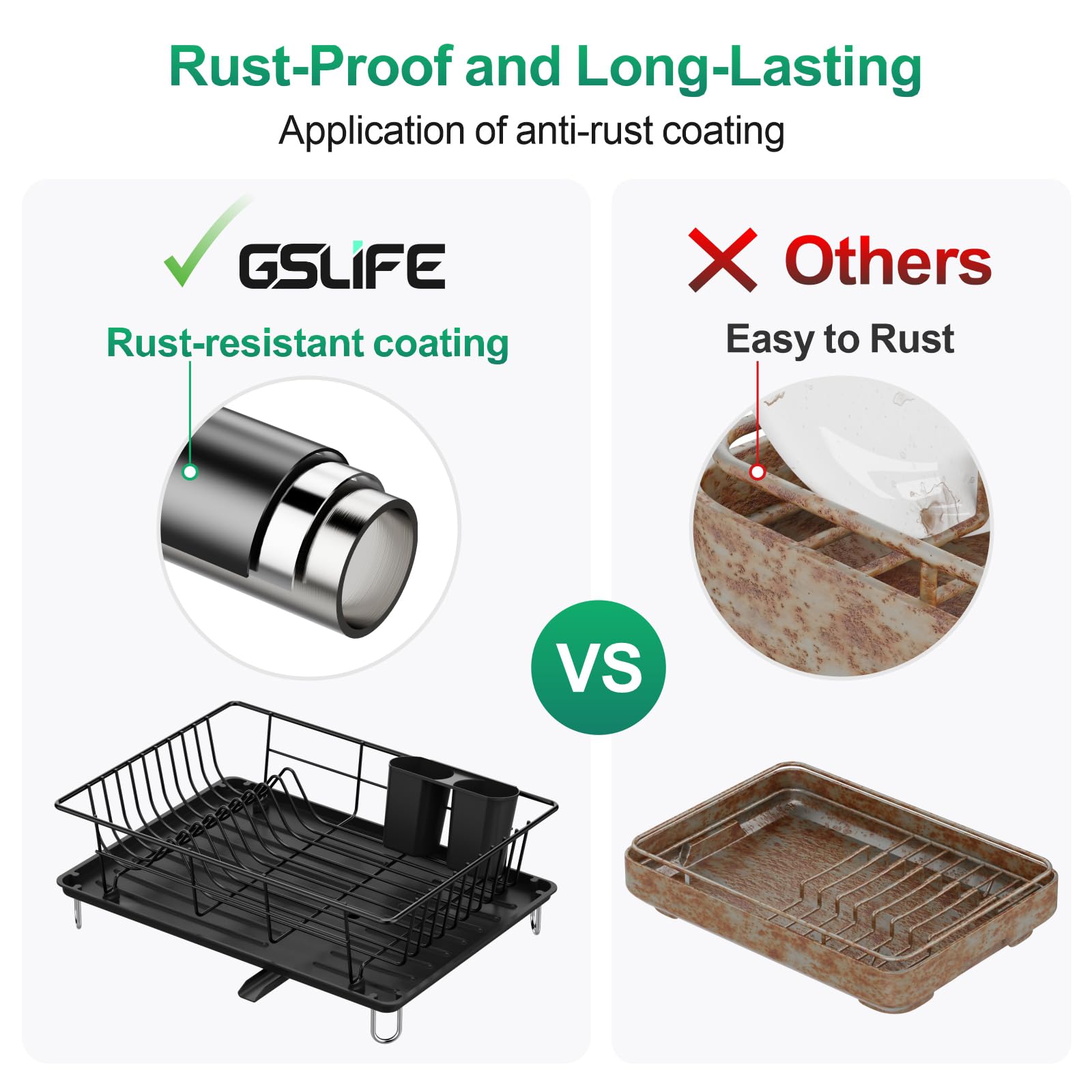 GSlife Dish Drying Rack with Drainboard - Dish Racks for Kitchen Counter, Rust-Resistant Compact Dish Drainer with Utensil Holder, Drain Spout and High Feet on Drip Tray, Black