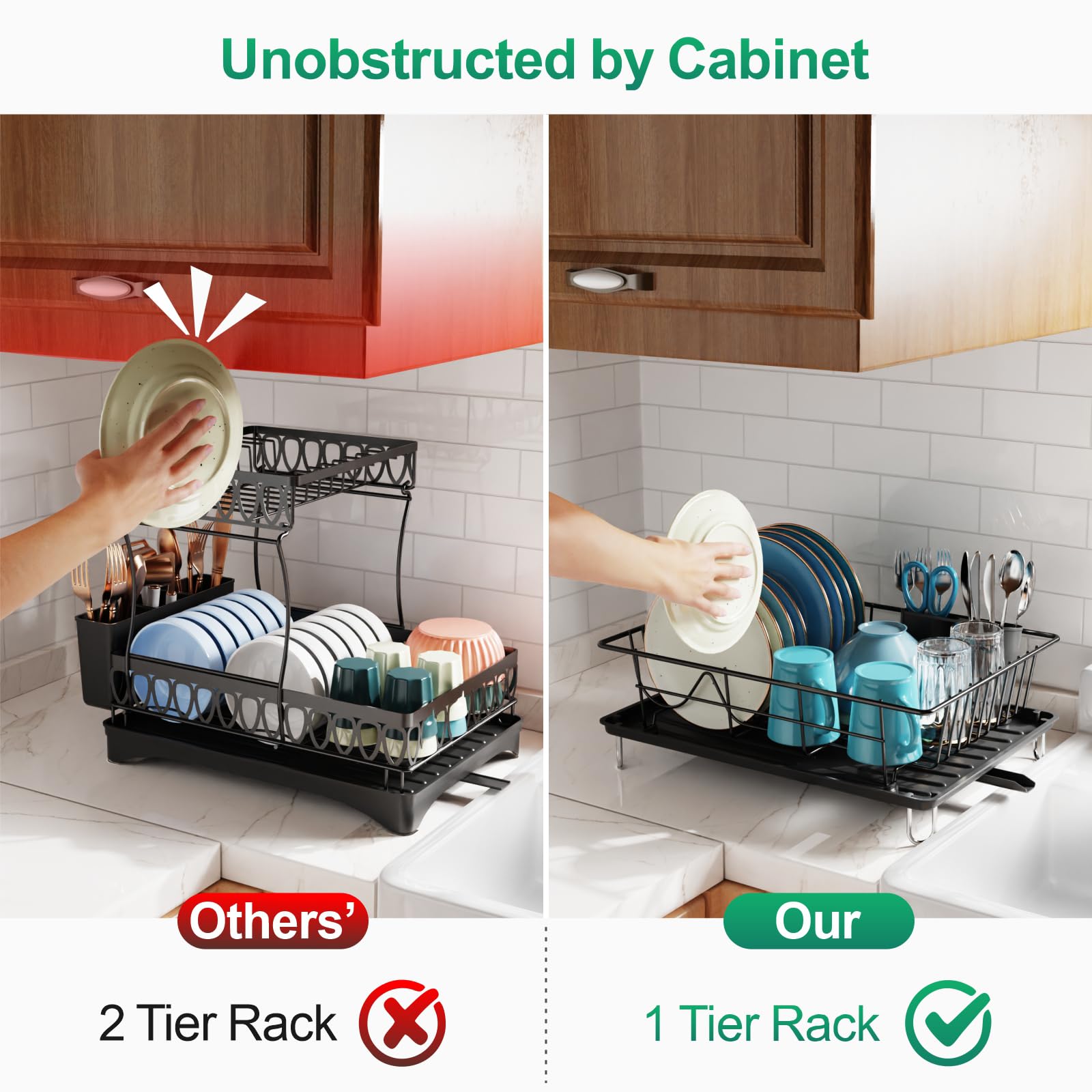 GSlife Dish Drying Rack with Drainboard - Dish Racks for Kitchen Counter, Rust-Resistant Compact Dish Drainer with Utensil Holder, Drain Spout and High Feet on Drip Tray, Black