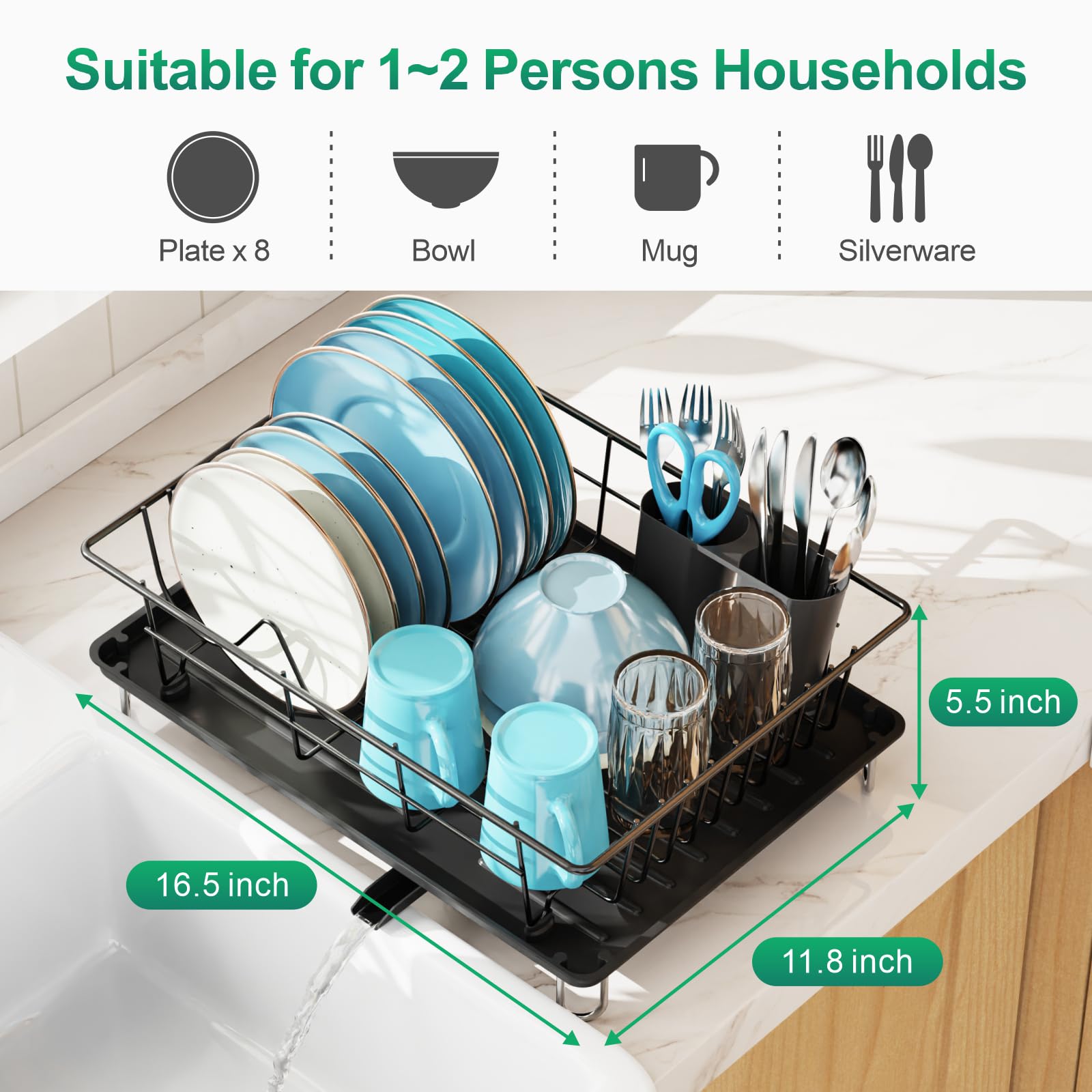 GSlife Dish Drying Rack with Drainboard - Dish Racks for Kitchen Counter, Rust-Resistant Compact Dish Drainer with Utensil Holder, Drain Spout and High Feet on Drip Tray, Black