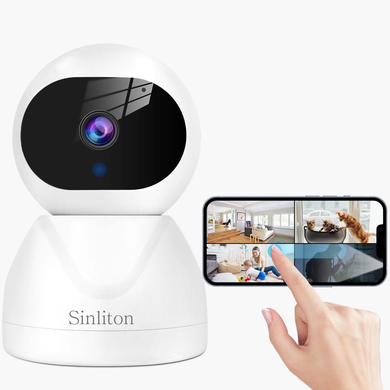 Sinliton Indoor Security Camera for Home, WiFi Cameras with Phone App, Baby Monitor Dog-Cat-Pet Cameras, 2.4GHz Surveillance Cameras with Night Vision, Motion Detection, SD/Cloud Storage