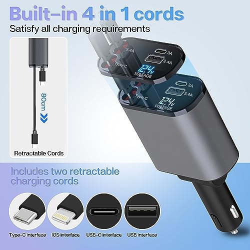 Retractable Car Charger with 100W, 4 in 1 Car Fast Charger for iPhone and Type C, Retractable Cables (31.5 inch) and 2 Charging Ports, Compatible with iPhone 15/14/13/12 Pro Max XR,iPad,Samsung,Pixel