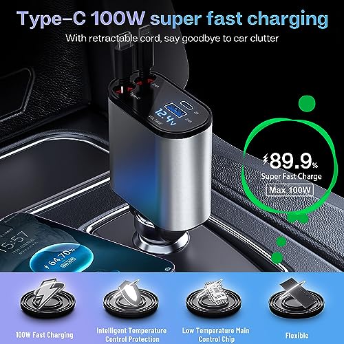 Retractable Car Charger with 100W, 4 in 1 Car Fast Charger for iPhone and Type C, Retractable Cables (31.5 inch) and 2 Charging Ports, Compatible with iPhone 15/14/13/12 Pro Max XR,iPad,Samsung,Pixel