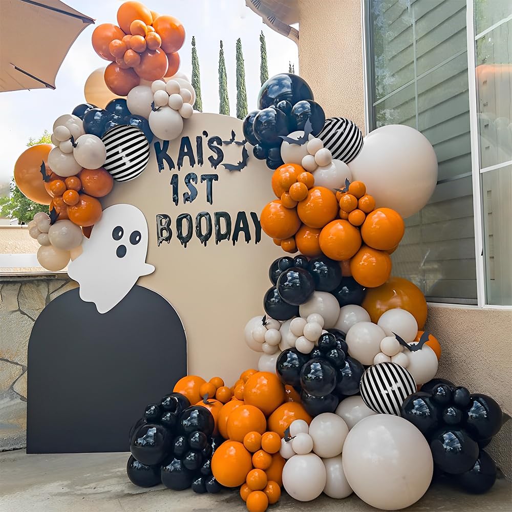 UAEYW Halloween Balloon Arch Garland Kit 144PCS Burnt Orange Black Sand White Balloons with Striped Foil Balloons for Halloween Day Party Decorations