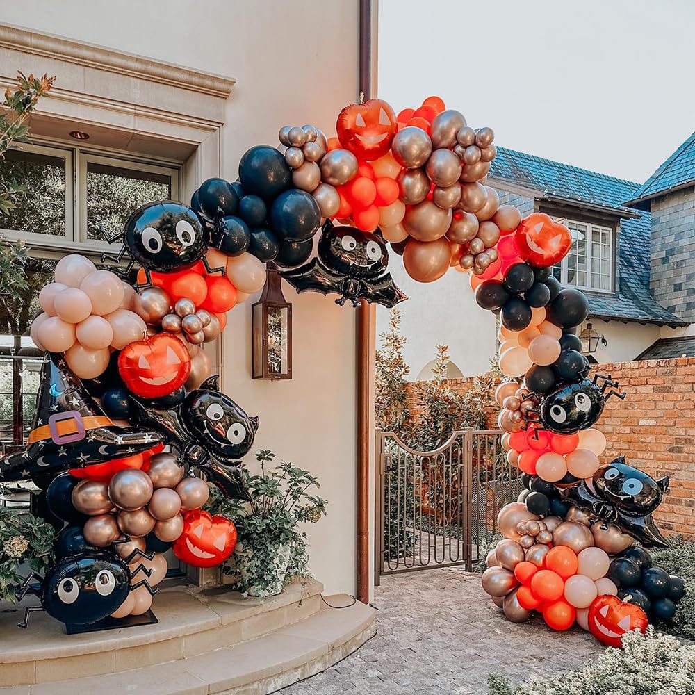 UAEYW Halloween Balloon Arch Garland Kit 144PCS Burnt Orange Black Sand White Balloons with Striped Foil Balloons for Halloween Day Party Decorations