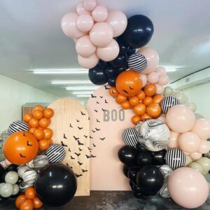 UAEYW Halloween Balloon Arch Garland Kit 144PCS Burnt Orange Black Sand White Balloons with Striped Foil Balloons for Halloween Day Party Decorations