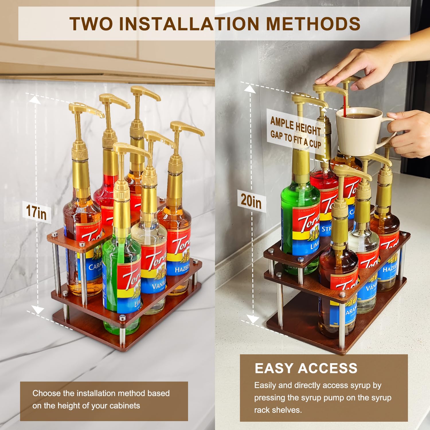 SHILFID Coffee Syrup Organizer Rack,2-Tier Coffee Syrup Stand Holder for Coffee Station Countertop,6 Bottles Storage Display Shelves for Wine, Dressing Cocktail in Coffee Bar