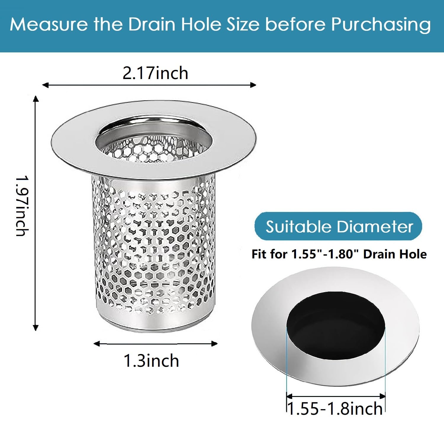 CNSZNAT Bathtub Drain Cover, Bathroom Sink Strainer, Hair Catcher for Shower Drain and Floor Drain, Deep Stainless Steel Sink Strainer，Fit Hole Size from 1.55" to 1.8", Depth Than 1.97",3 Pack (1.3”)