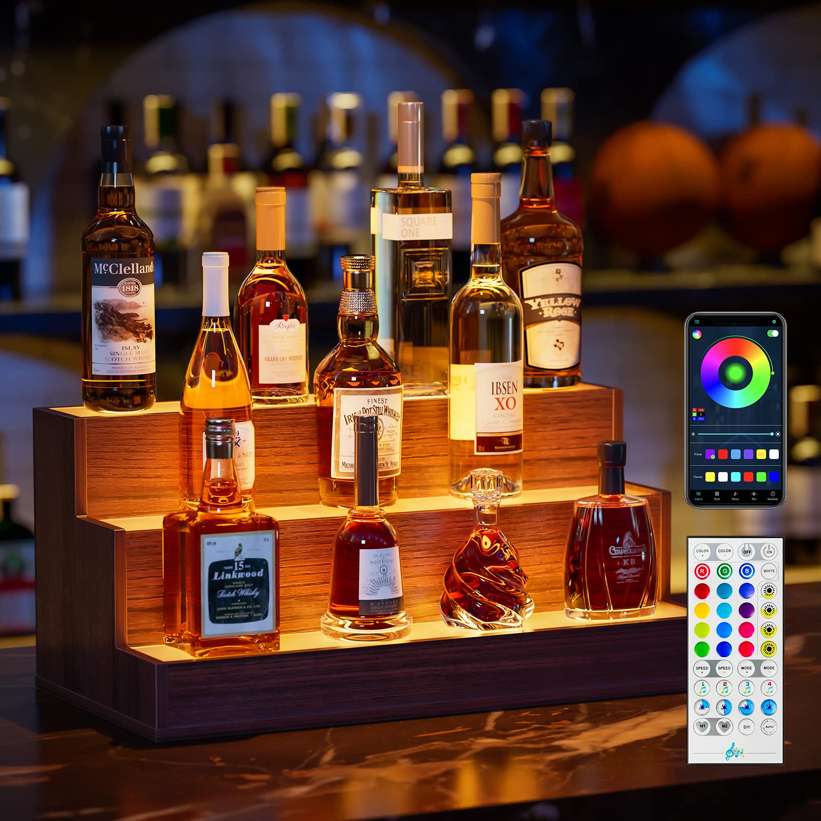 DobleCliCli LED 3 Tier 24 Inch Bar Bottle Display Shelf, Lighted Liquor Bottle Display Shelf with App & Remote Control, Lighted LED Bar Shelves for Home, Party, Walnut