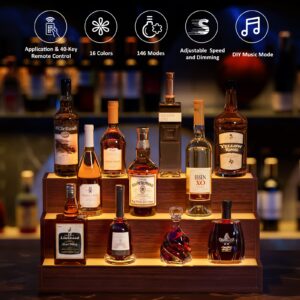 DobleCliCli LED 3 Tier 24 Inch Bar Bottle Display Shelf, Lighted Liquor Bottle Display Shelf with App & Remote Control, Lighted LED Bar Shelves for Home, Party, Walnut