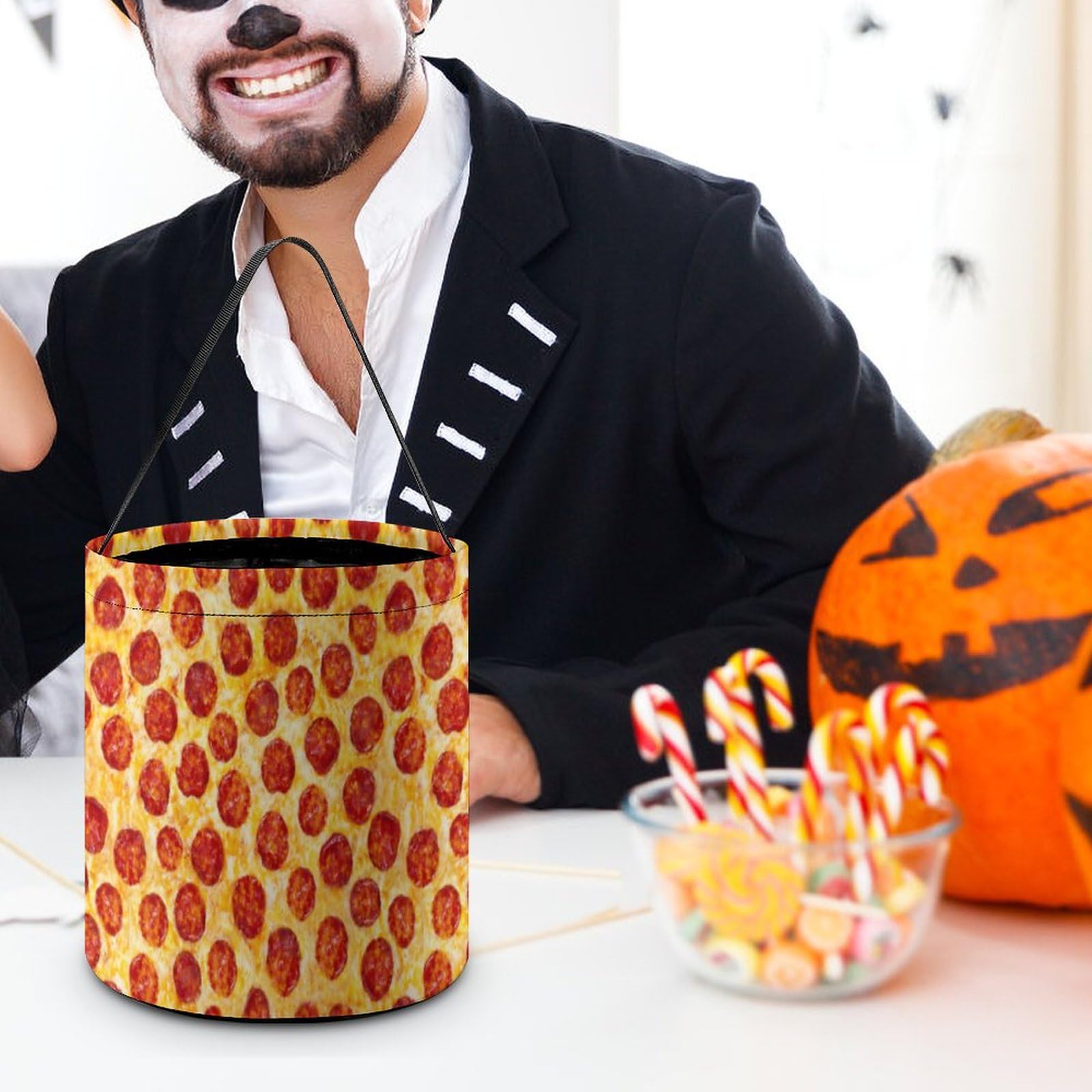 MISTHO Realistic Pizza Pattern Halloween Trick or Treat Bag Bucket Halloween Candy Buckets for Halloween Treat Baskets Bags