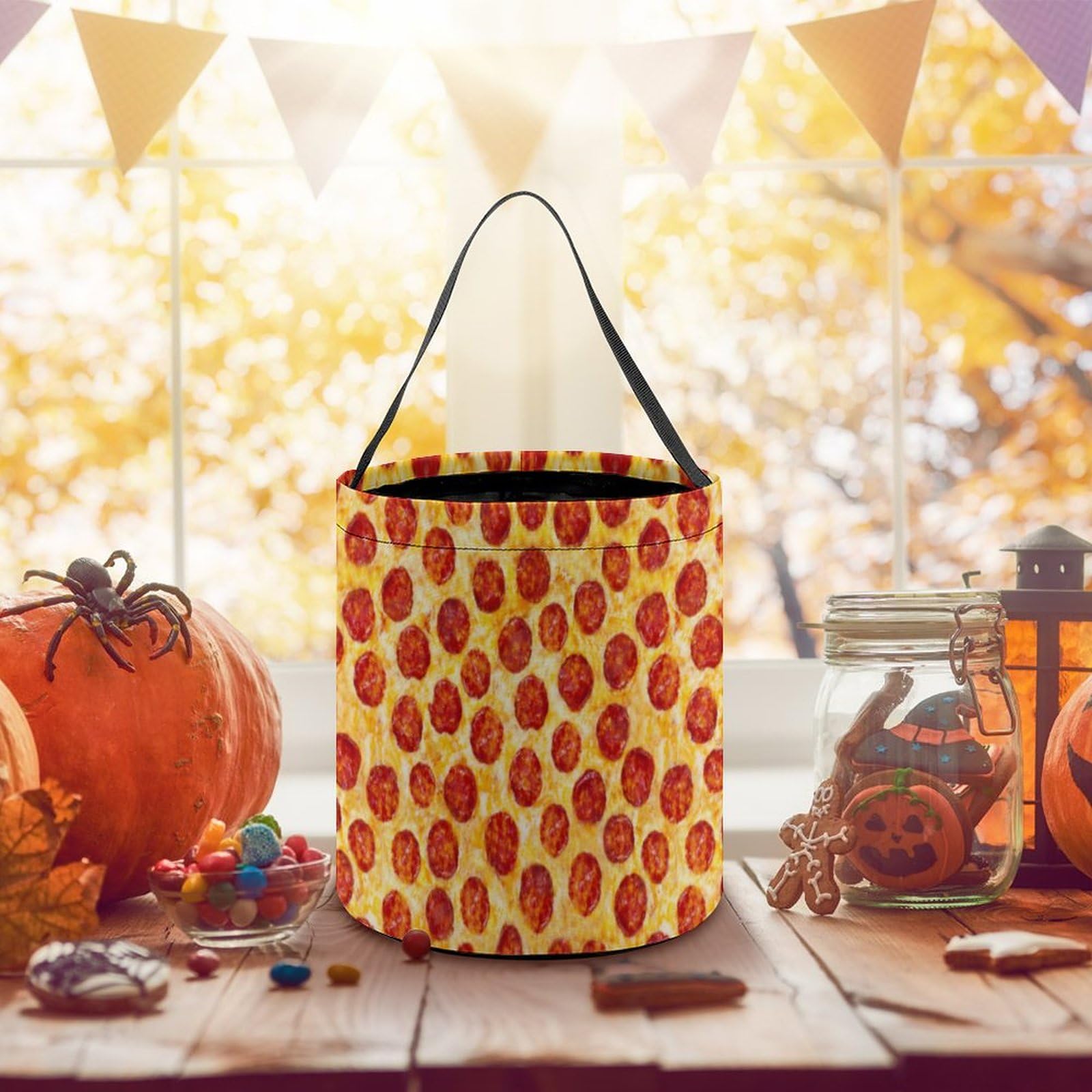 MISTHO Realistic Pizza Pattern Halloween Trick or Treat Bag Bucket Halloween Candy Buckets for Halloween Treat Baskets Bags