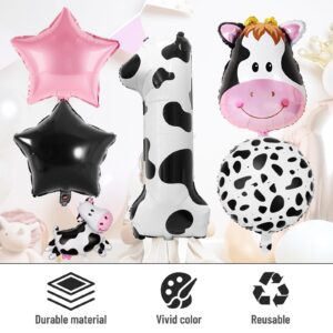 6 Pcs Cow Print Balloons 1st Birthday Party Supplies Cow Farm Animal Theme Decorations Cowgirl Western 40 Inch Number 1 Balloon Star for Baby Shower Girls Boys